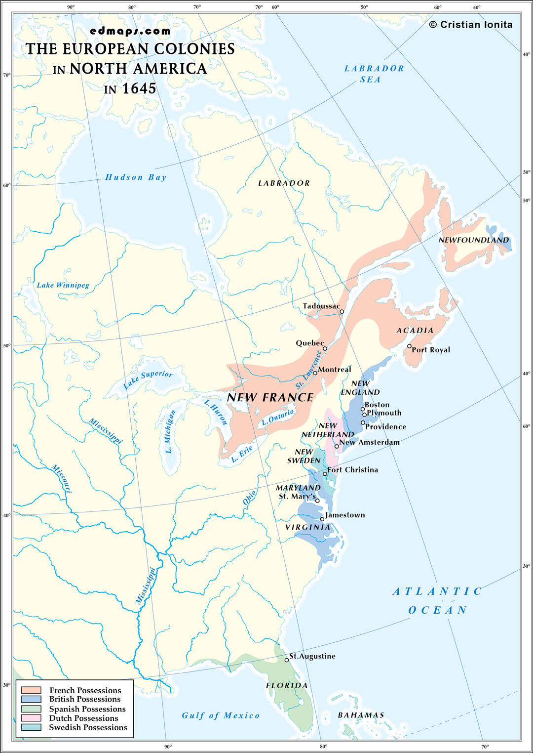Map: European Settlements in North America in 1645